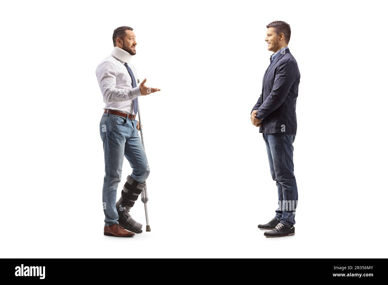 Full length profile shot of an injured man with a walking brace and ...