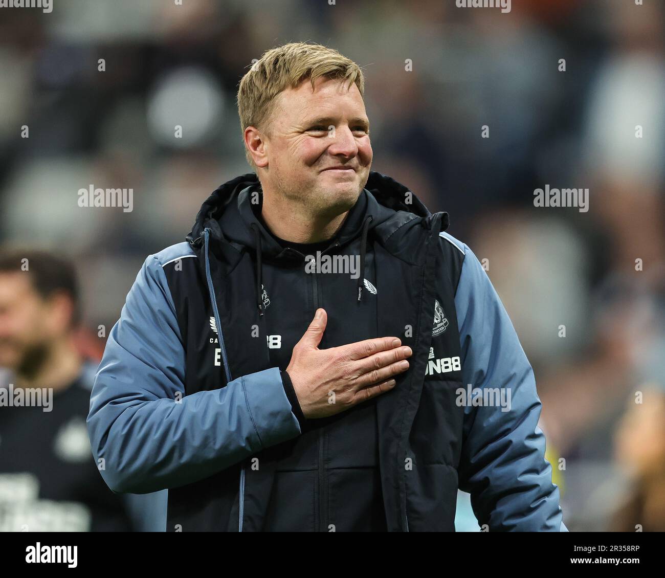 Eddie Howe manager of Newcastle United touches the Newcastle badge on ...