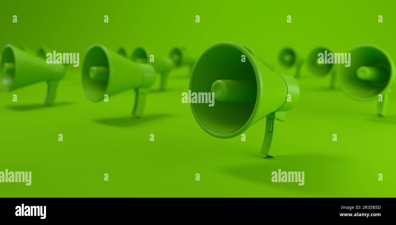 Multiple megaphones in grid on green background, Sustainability concept ...