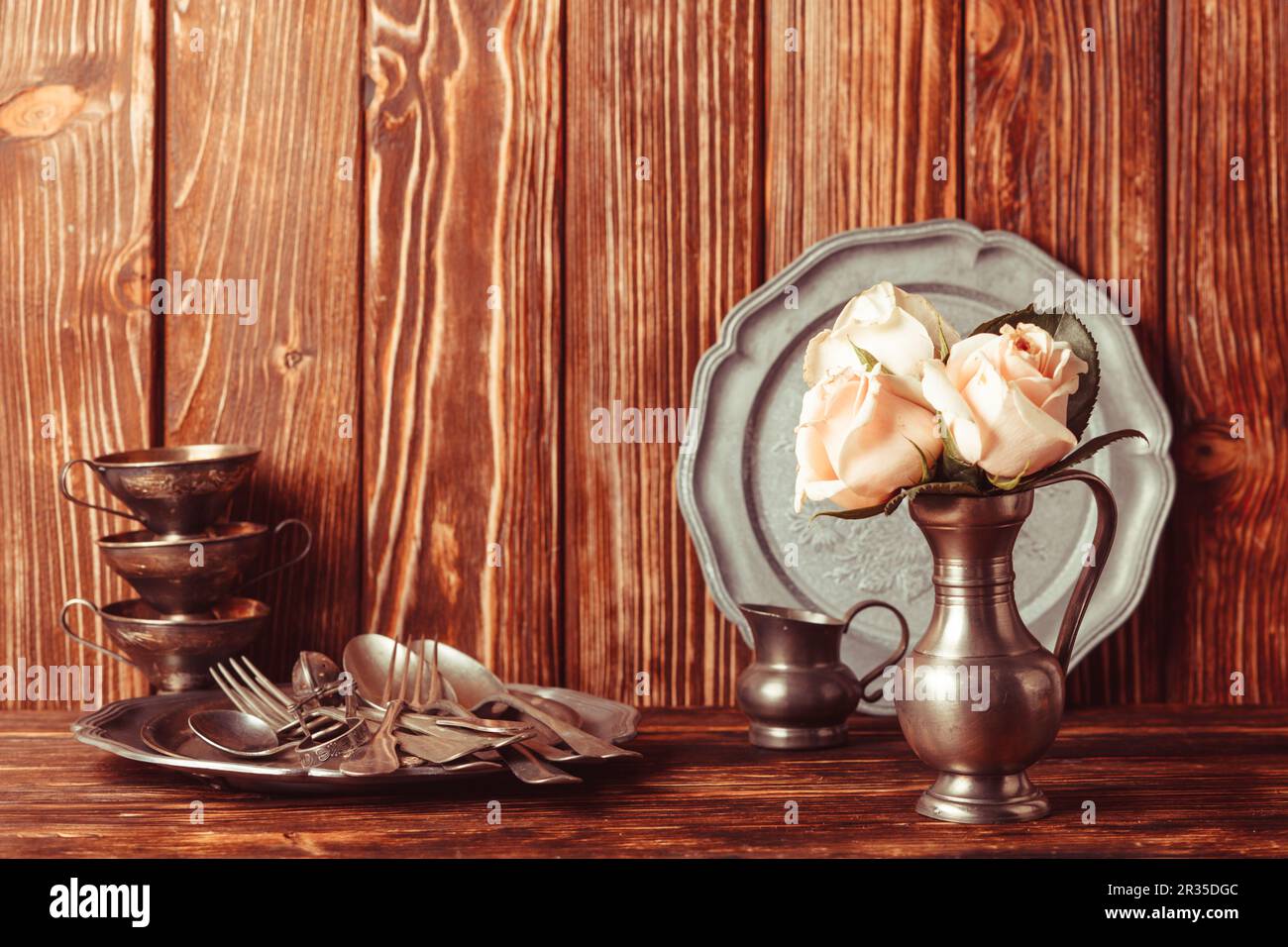 Vintage metal ware still life Stock Photo - Alamy