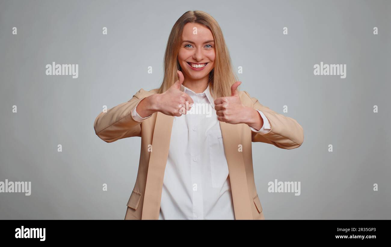 Like Portrait Of Secretary Woman In Suit Raises Thumbs Up Agrees With
