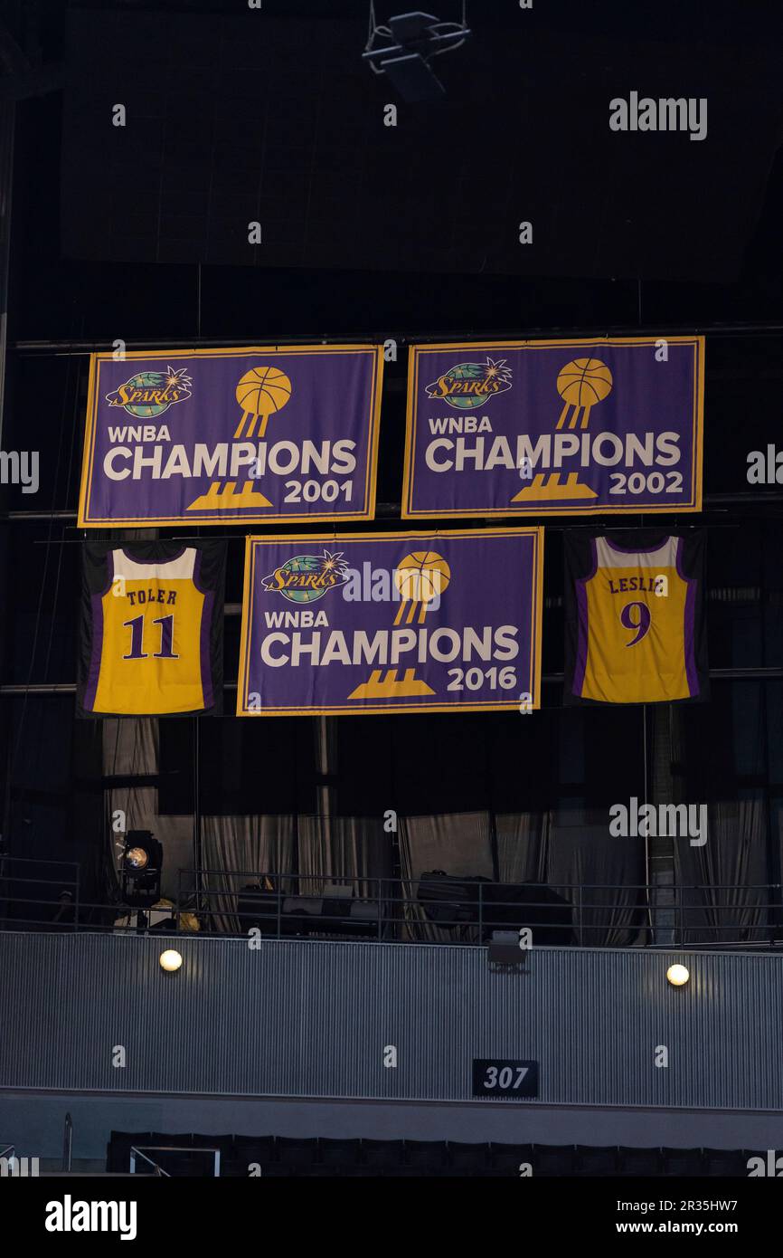 Los Angeles Sparks championships hang in the rafters during a WNBA ...