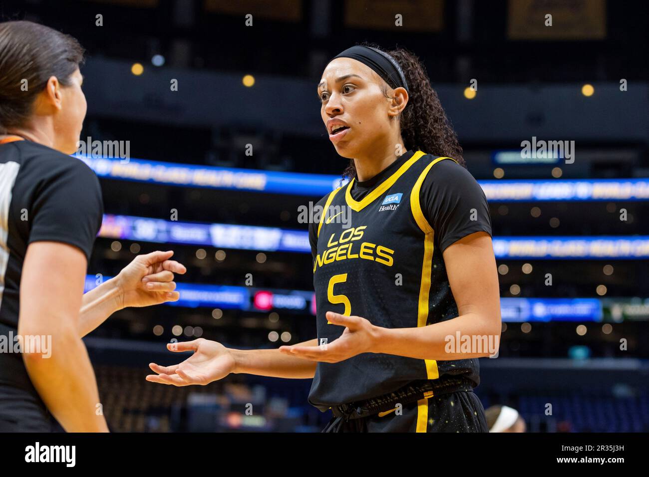 Los Angeles Sparks forward Dearica Hamby (5) speaks tot he official ...