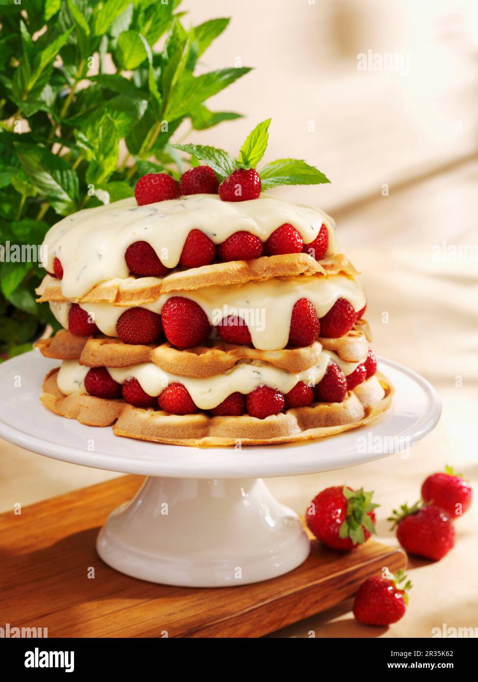 Strawberry waffle cake with lemon cream Stock Photo - Alamy