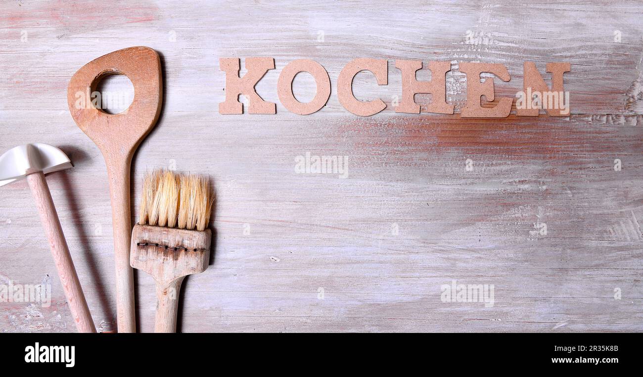 Cooking wooden spoon banner long background Stock Photo - Alamy