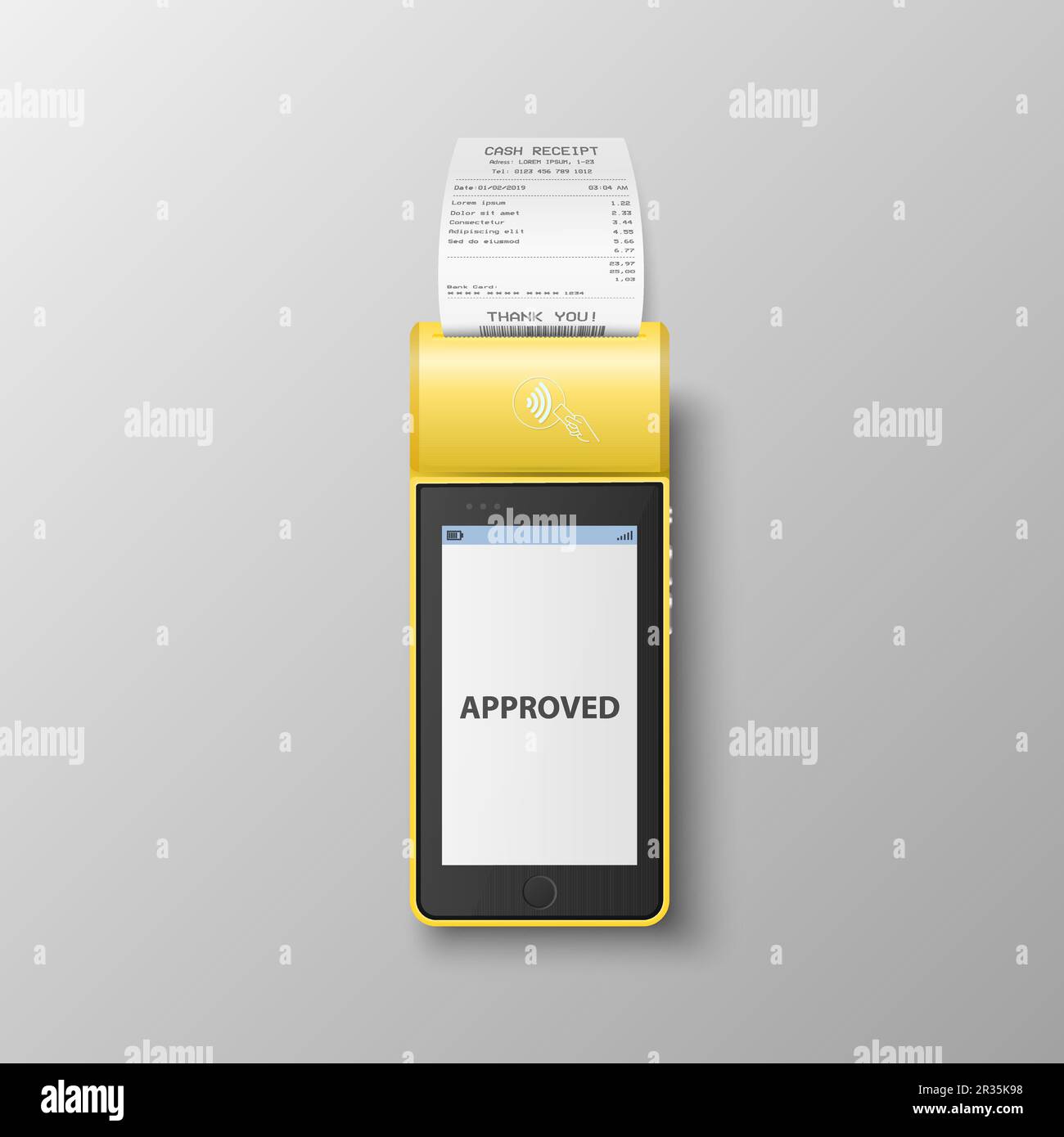 Vector 3d Yellow NFC Payment Machine with Approved Status and Paper ...