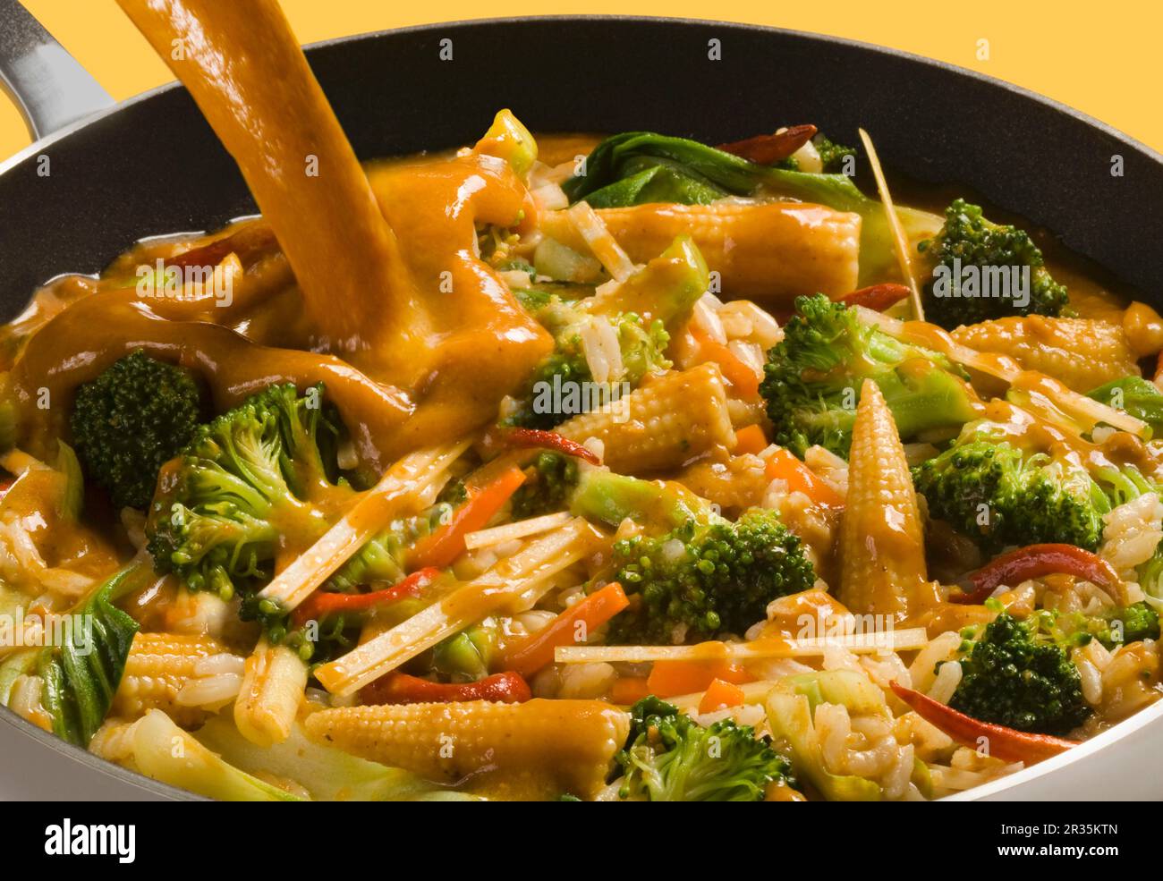 Vegetable curry with bamboo shoots, baby corn cobs, bok choy and rice ...