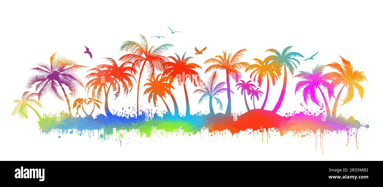 Palm trees colorful silhouette. Coastline. Long skyline with palm trees ...