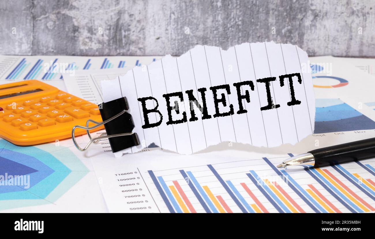 BENEFITS word on torn paper on building blocks Stock Photo - Alamy