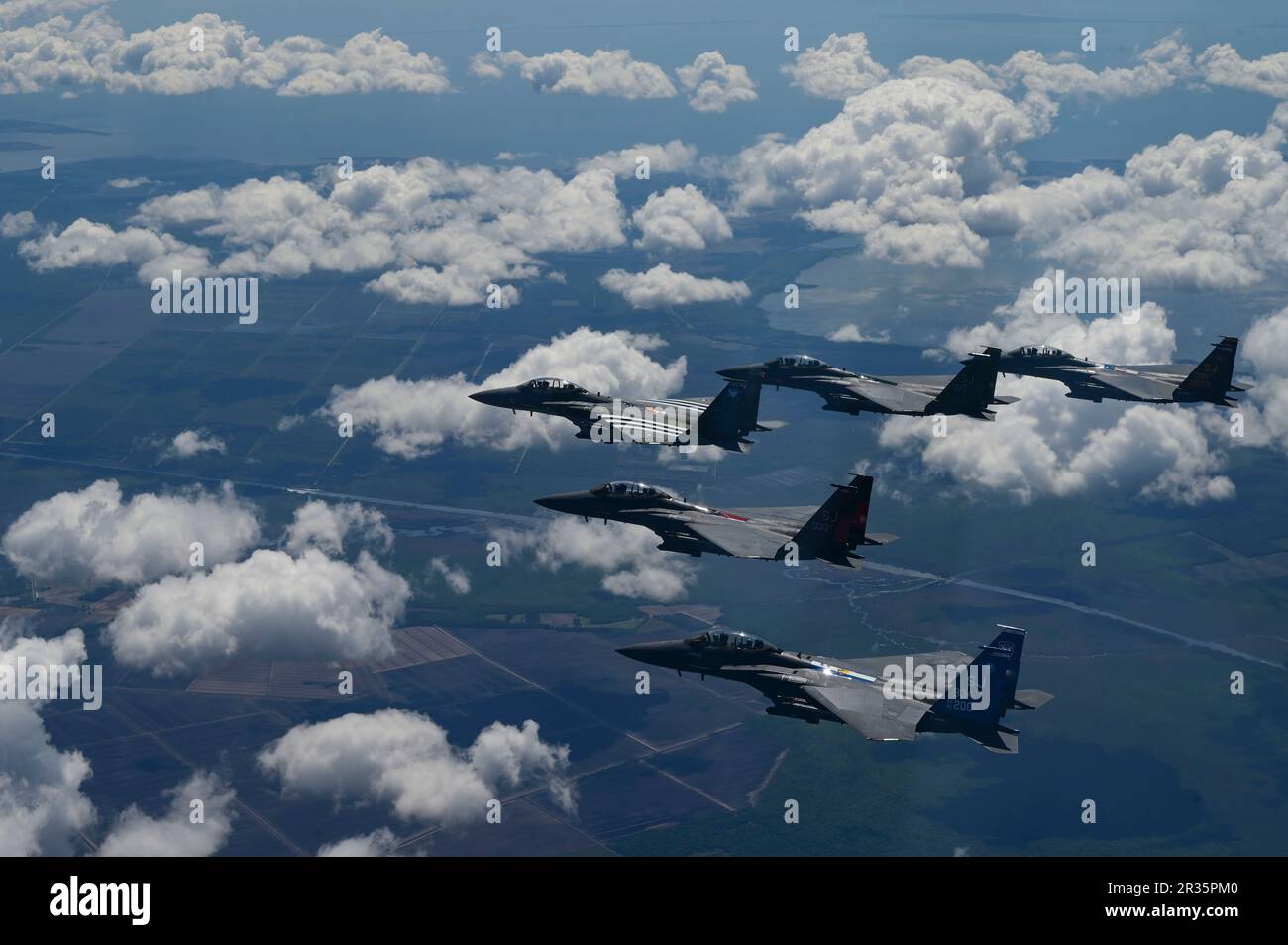 Five F-15E Strike Eagle flagships assigned to the 4th Fighter Wing fly ...