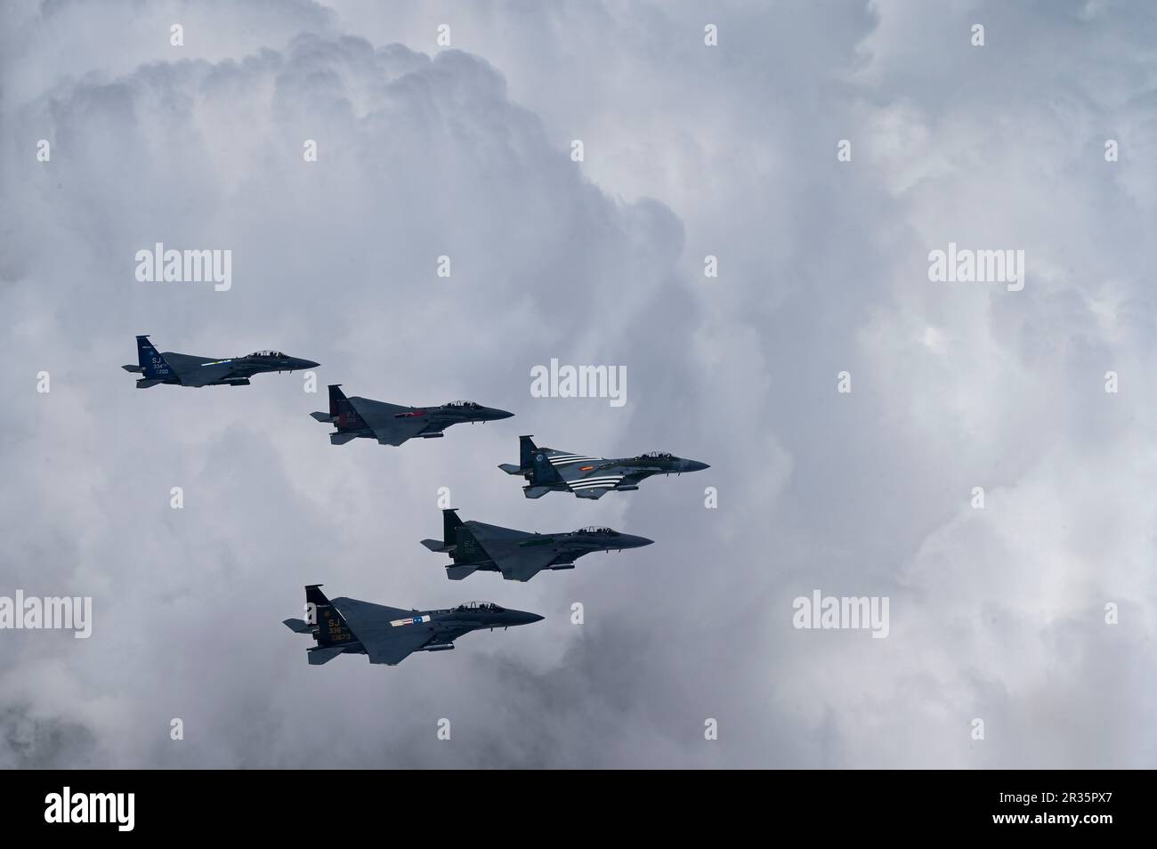 Five F-15E Strike Eagle flagships assigned to the 4th Fighter Wing fly ...