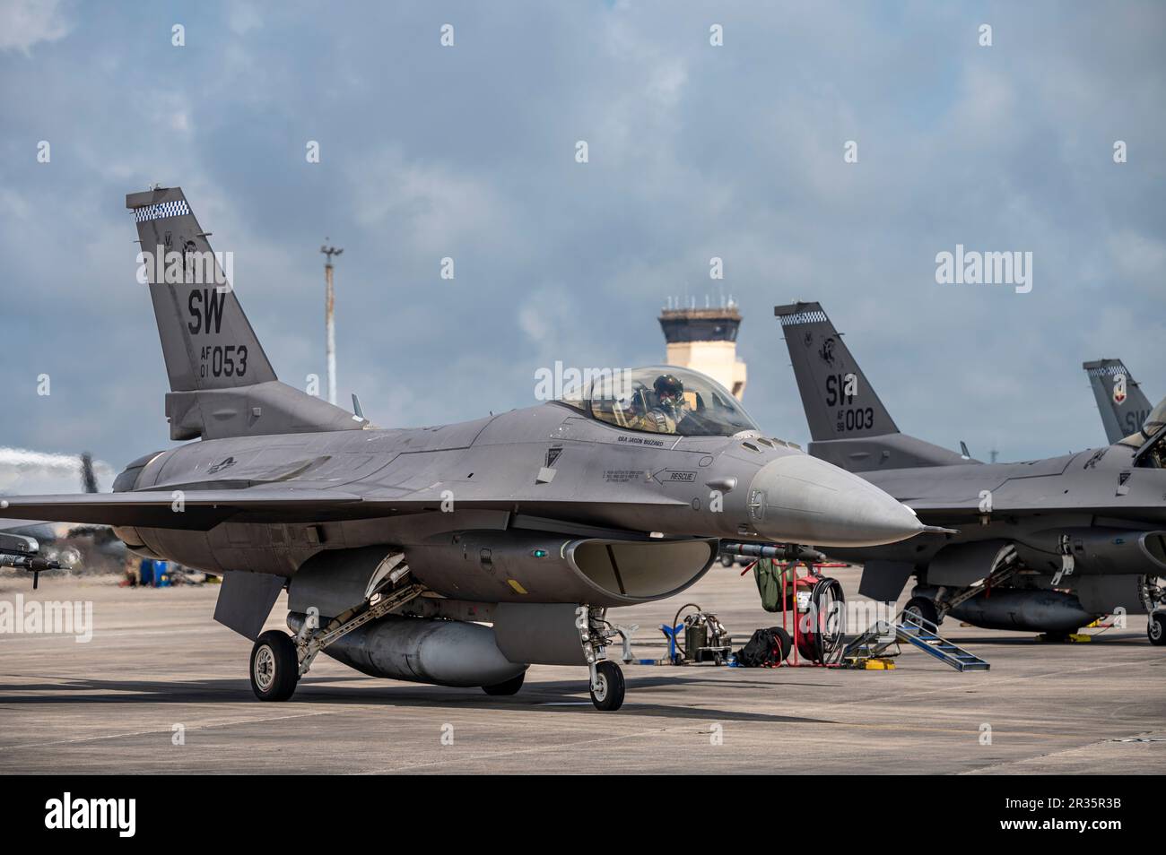 A U.S. Air Force F-16 Fighting Falcon assigned to the 55th Fighter ...