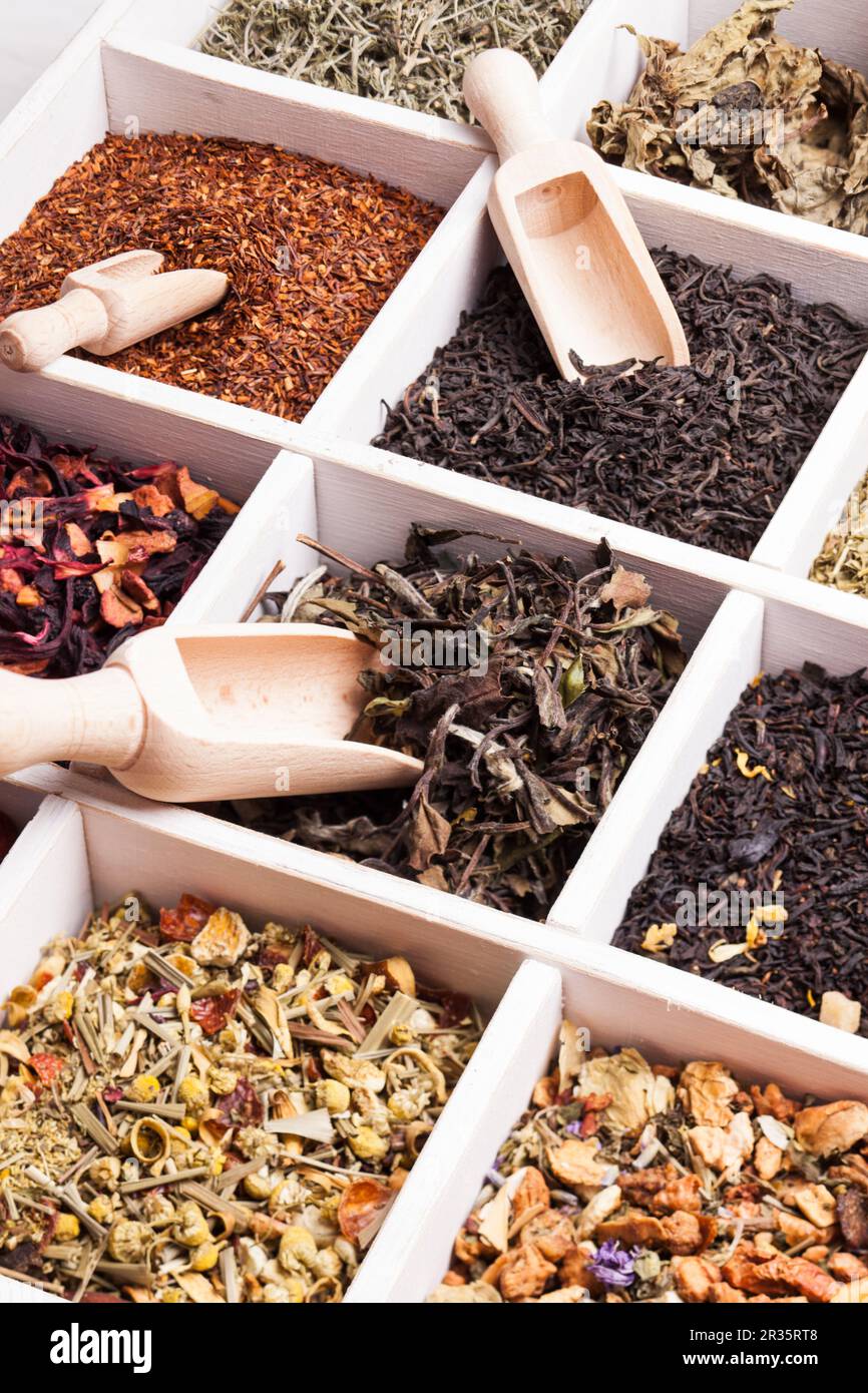 Various of tea in a box Stock Photo - Alamy