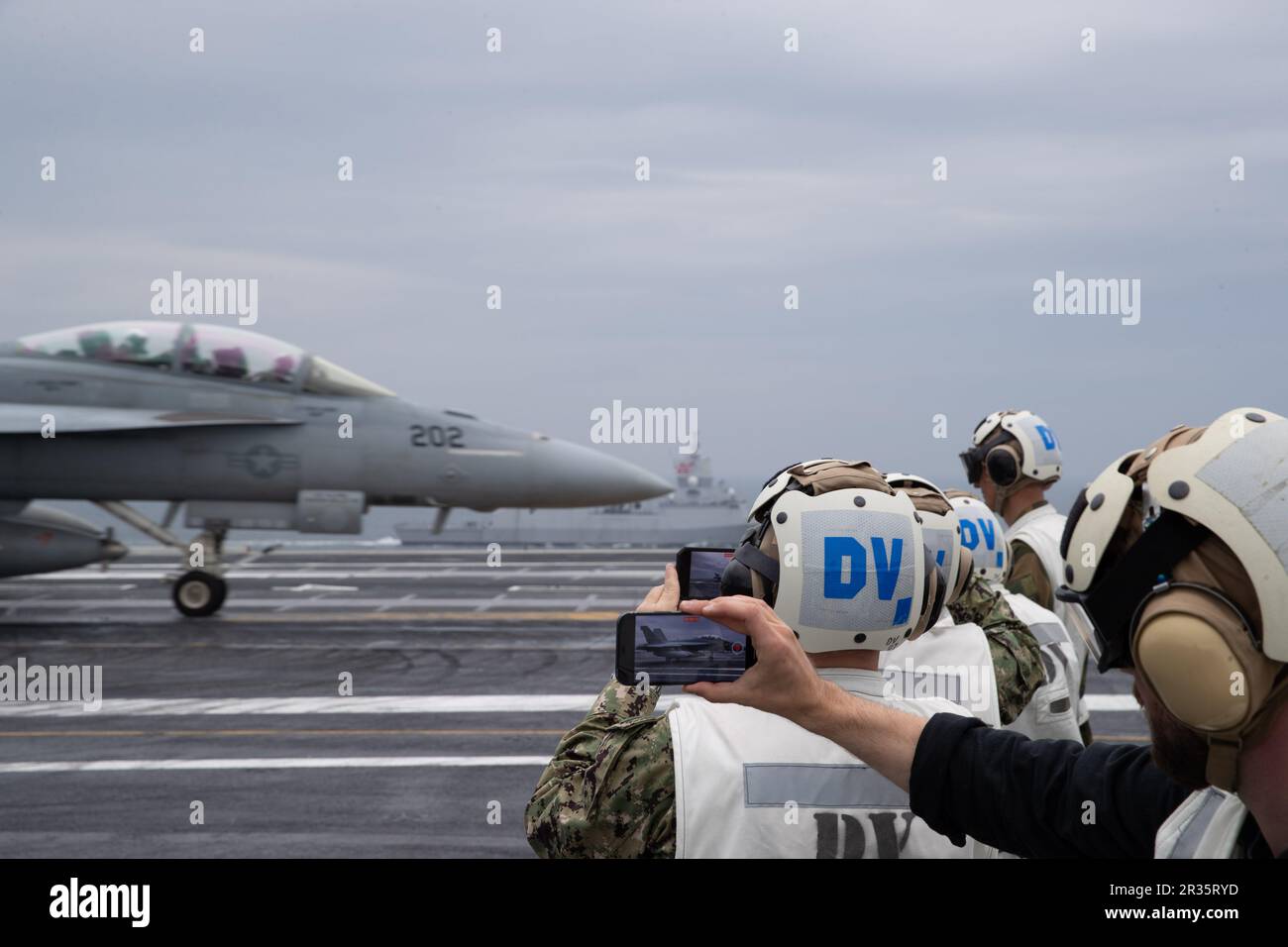 Norwegian distinguished visitors observe flight operations from the ...