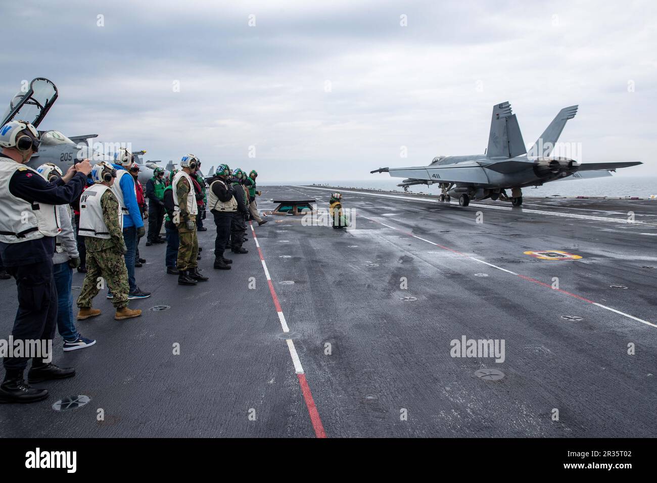 Norwegian distinguished visitors observe flight operations from the ...