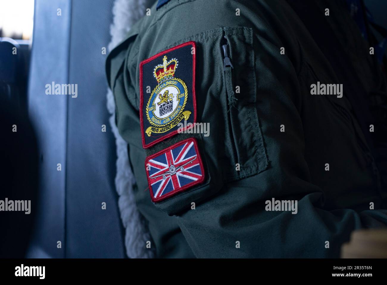 A Royal Air Force (RAF) patch rests on the sleeve of Flight Sergeant ...