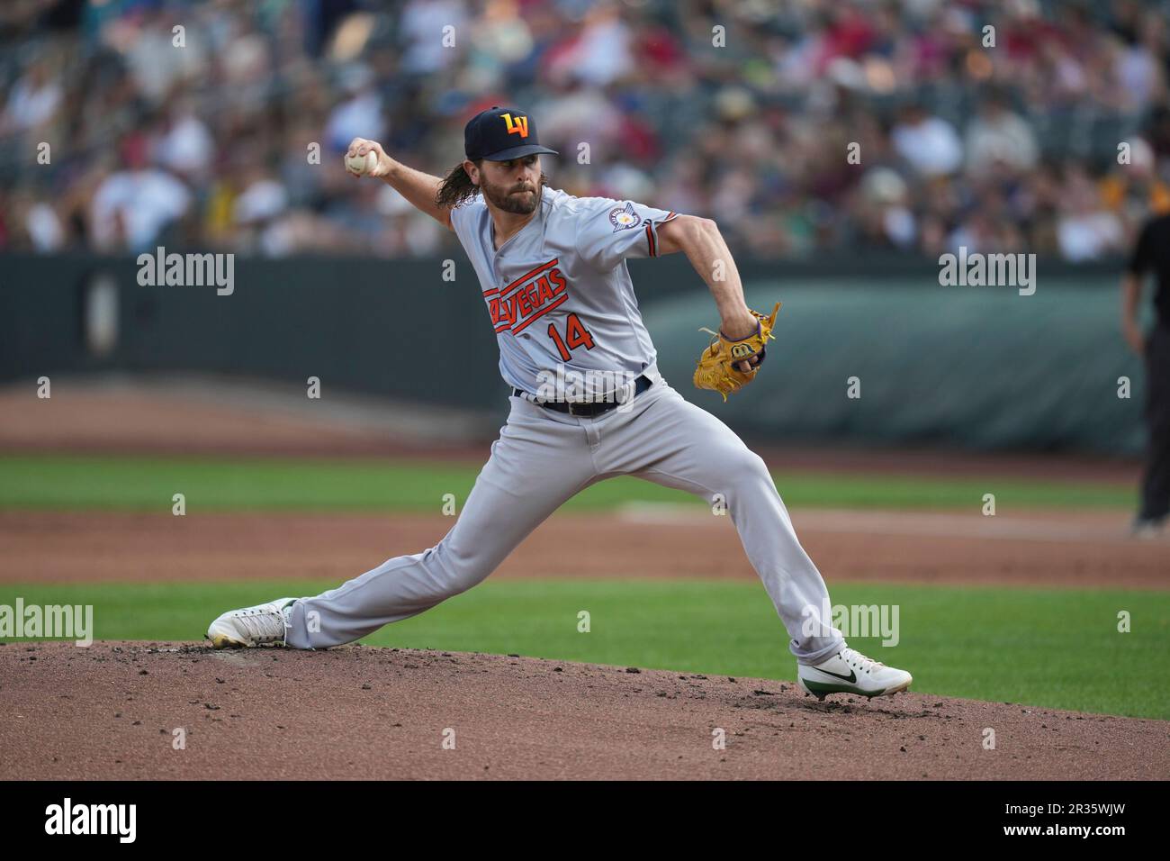 Salt Lake UT, USA. 20th May, 2023. Las Vegas pitcher Bryce Conley (14 ...