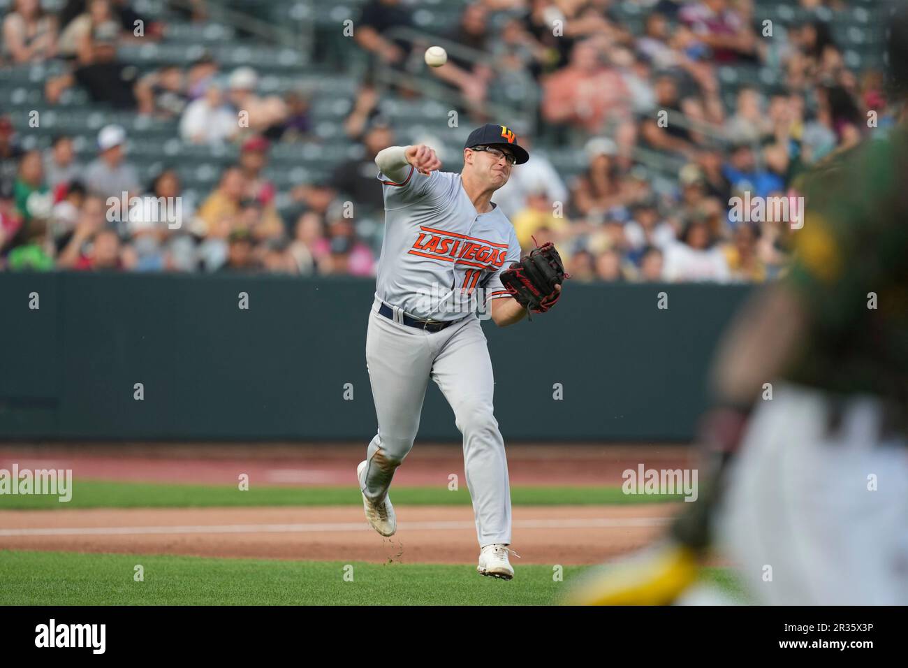 Salt Lake UT, USA. 20th May, 2023. Las Vegas third baseman Jonah Bride ...