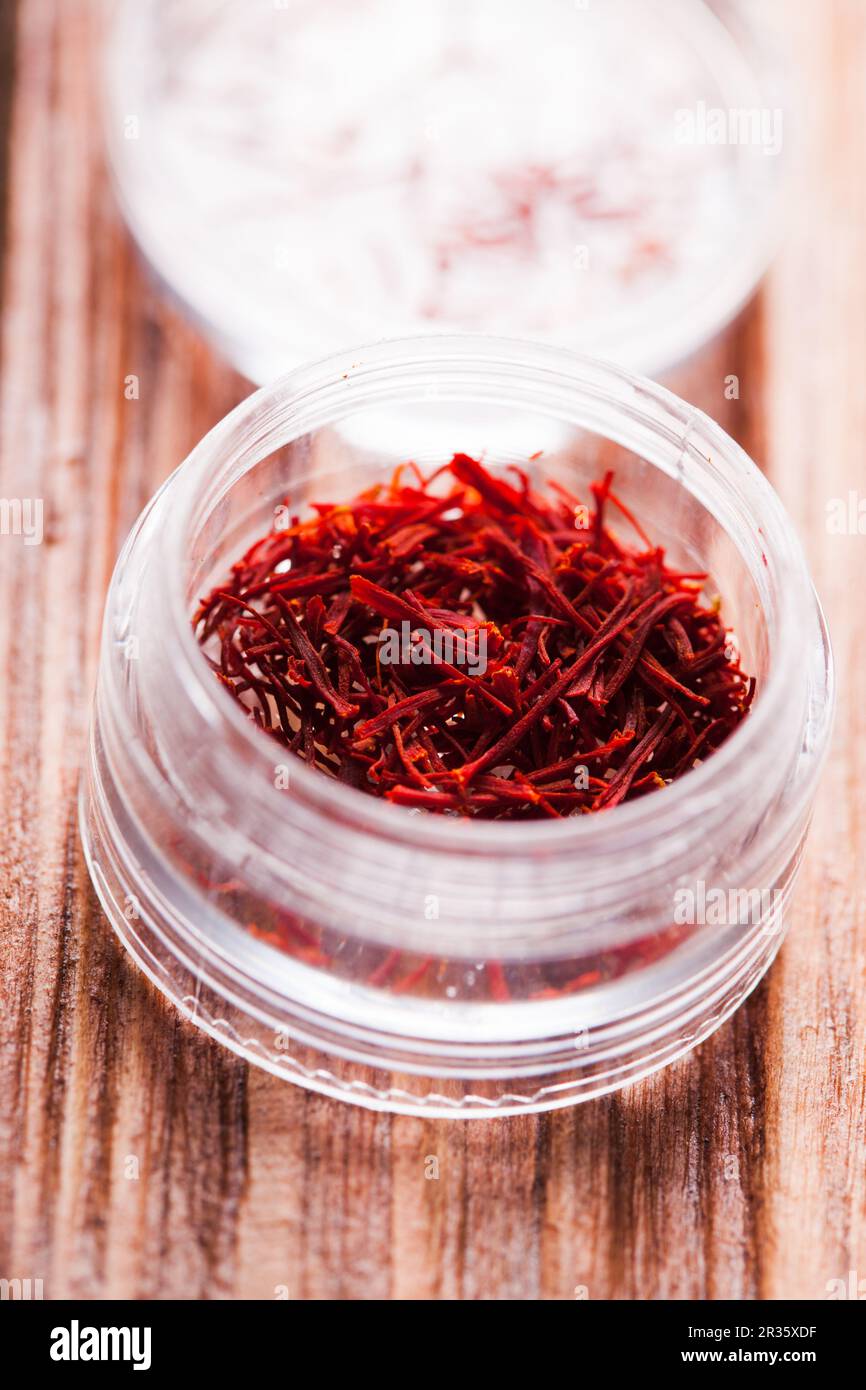 Saffron spice in a box Stock Photo - Alamy