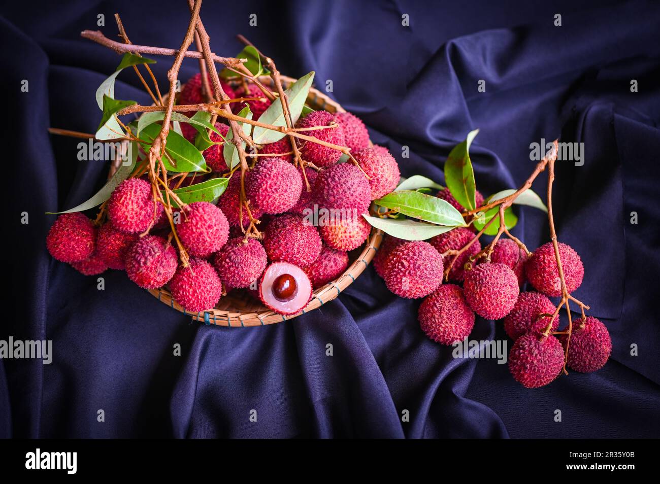 lychees on table and black background, fresh ripe lychee fruit tropical ...