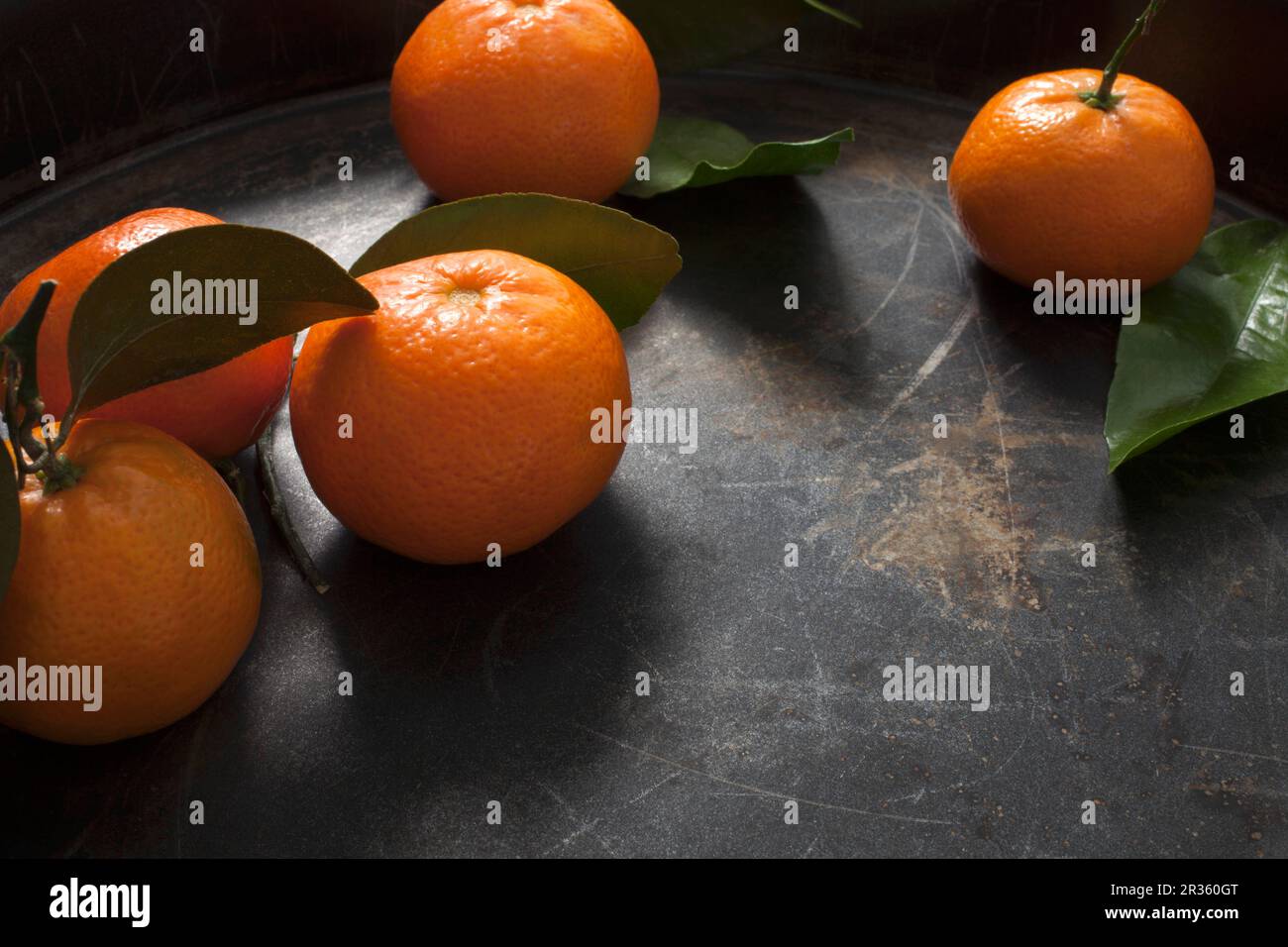 Five clementines with stems and leaves Stock Photo - Alamy