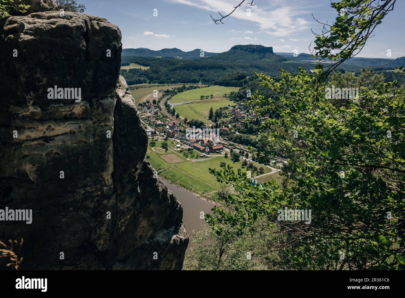 view on rathen in saxon switerland from trail up to bastion bridge ...