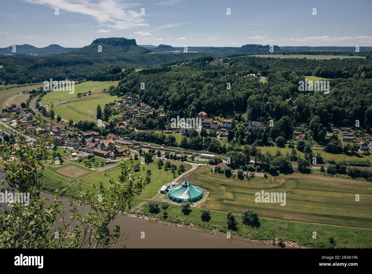 view on rathen in saxon switerland from trail up to bastion bridge ...
