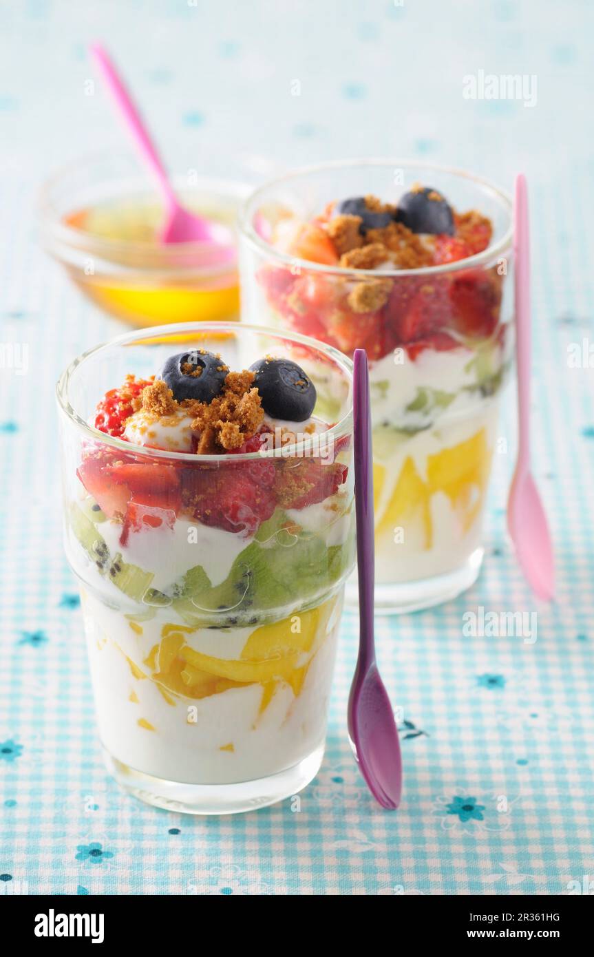Layered yoghurt desserts with fresh fruit Stock Photo - Alamy