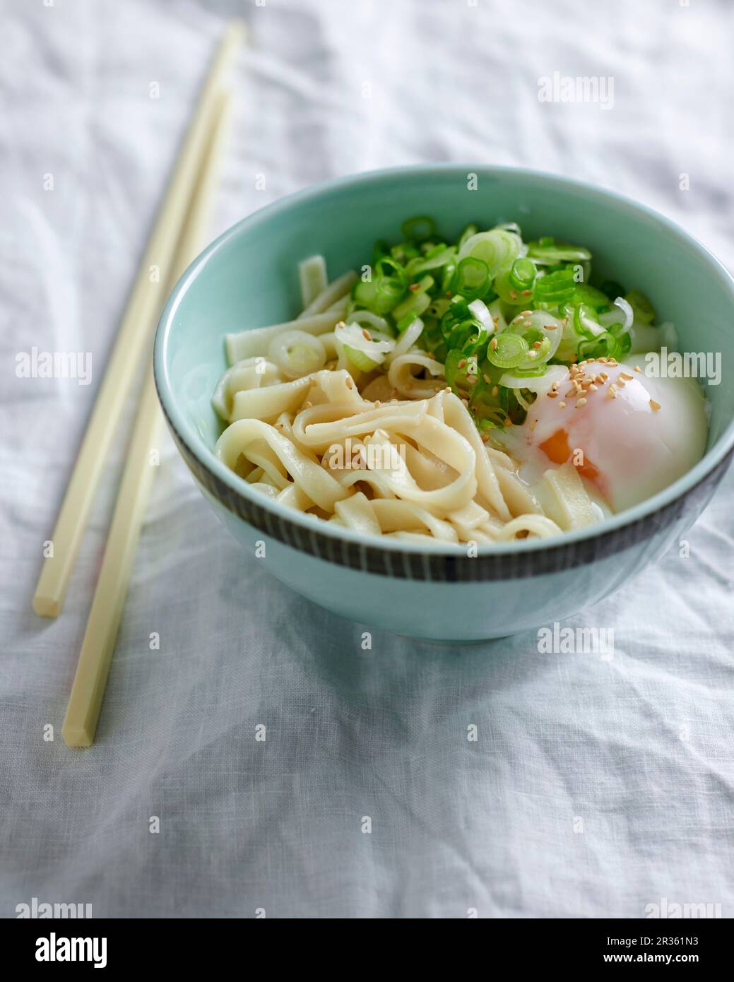 Udon noodles with an onsen egg and spring onions Stock Photo - Alamy