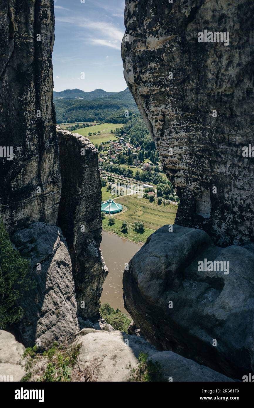 view on rathen in saxon switerland from trail up to bastion bridge ...