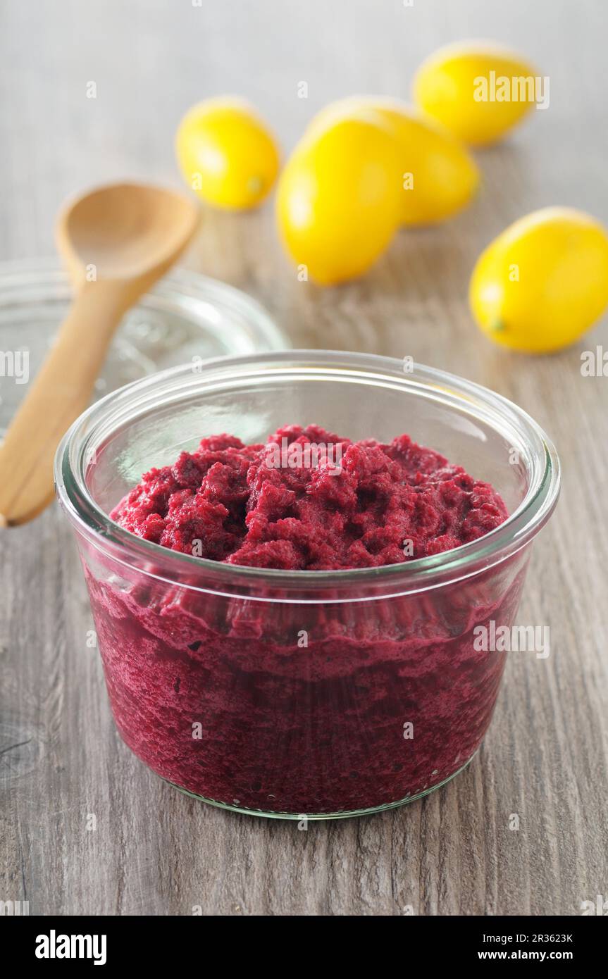 A jar of beetroot hummus Stock Photo - Alamy