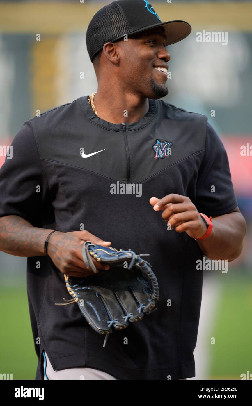 Miami Marlins designated hitter Jorge Soler warms up before a baseball ...