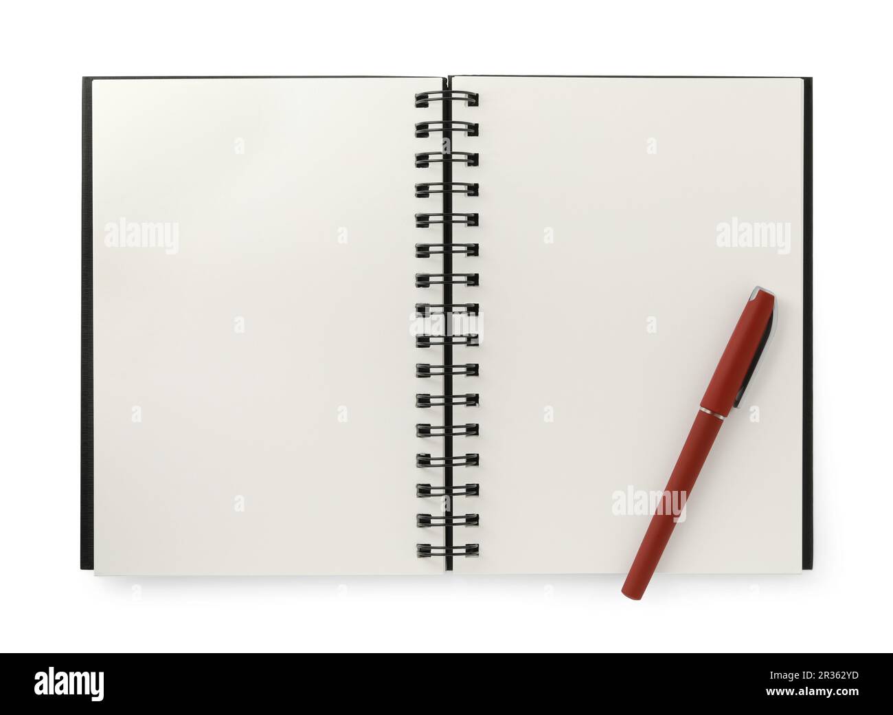 Open blank notebook with pen isolated on white, top view Stock Photo ...