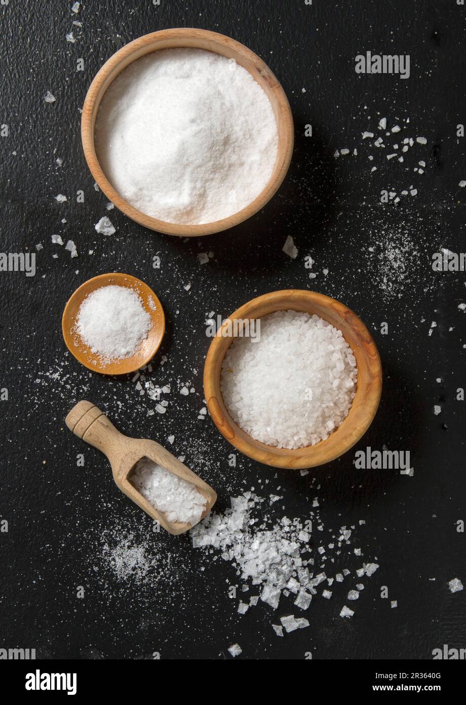 An arrangement of various different types of salt (seen from above ...