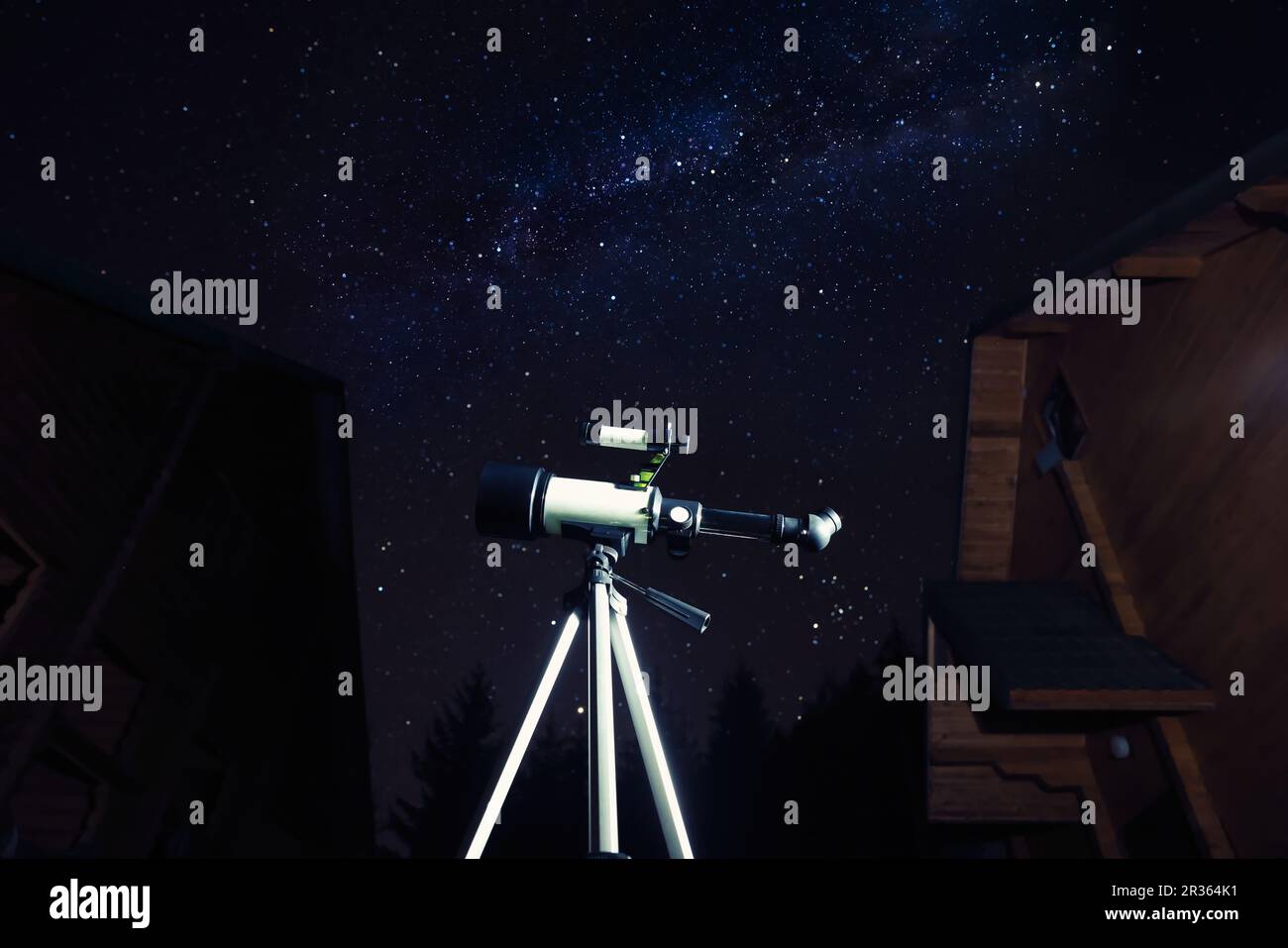 Modern telescope and beautiful sky in night outdoors, low angle view ...
