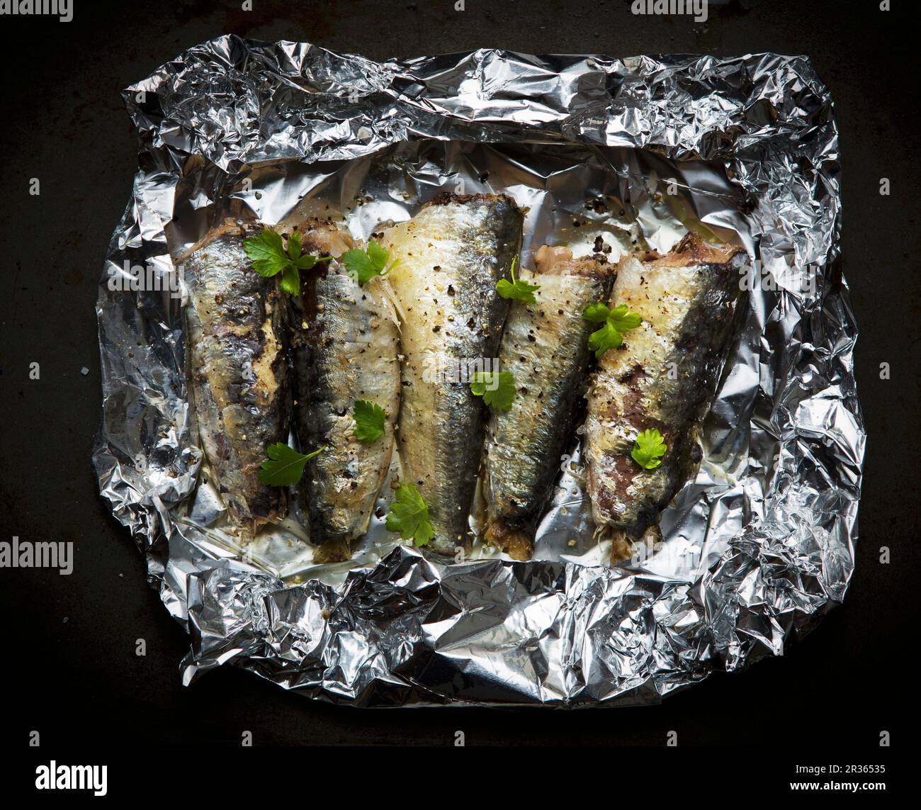 Sardines with coriander in aluminium foil for grilling (seen from above ...