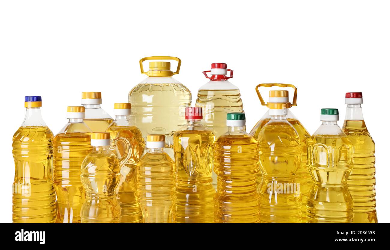 Bottles of cooking oil on white background Stock Photo - Alamy