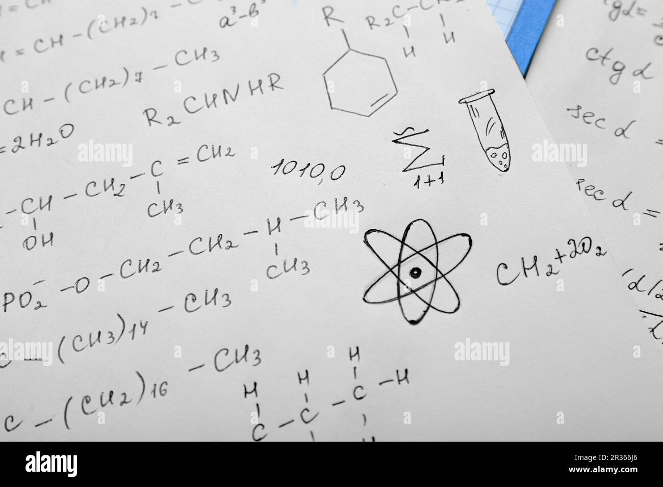 Sheets of paper with different chemical formulas, closeup Stock Photo ...