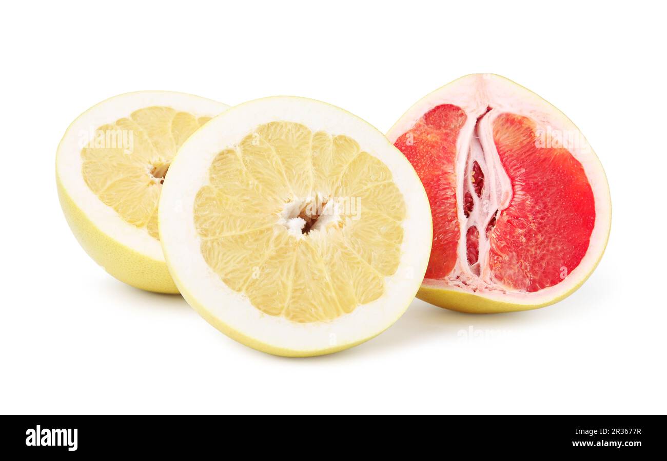 Different sorts of tasty pomelo fruits isolated on white Stock Photo ...