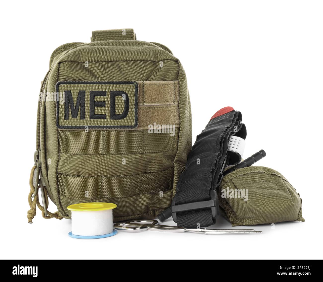 Military first aid kit with items isolated on white Stock Photo - Alamy
