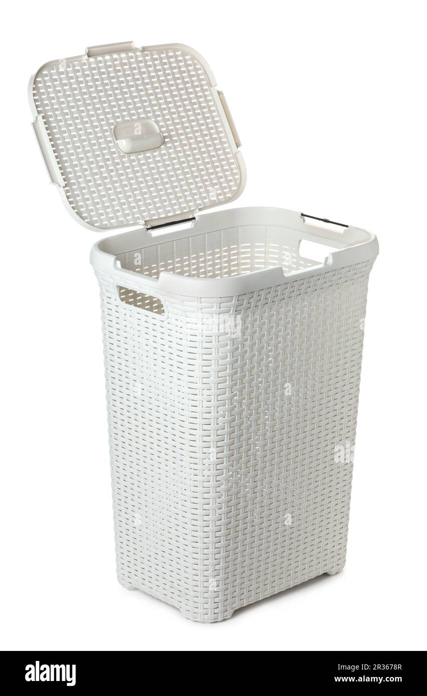 One open empty laundry basket isolated on white Stock Photo - Alamy