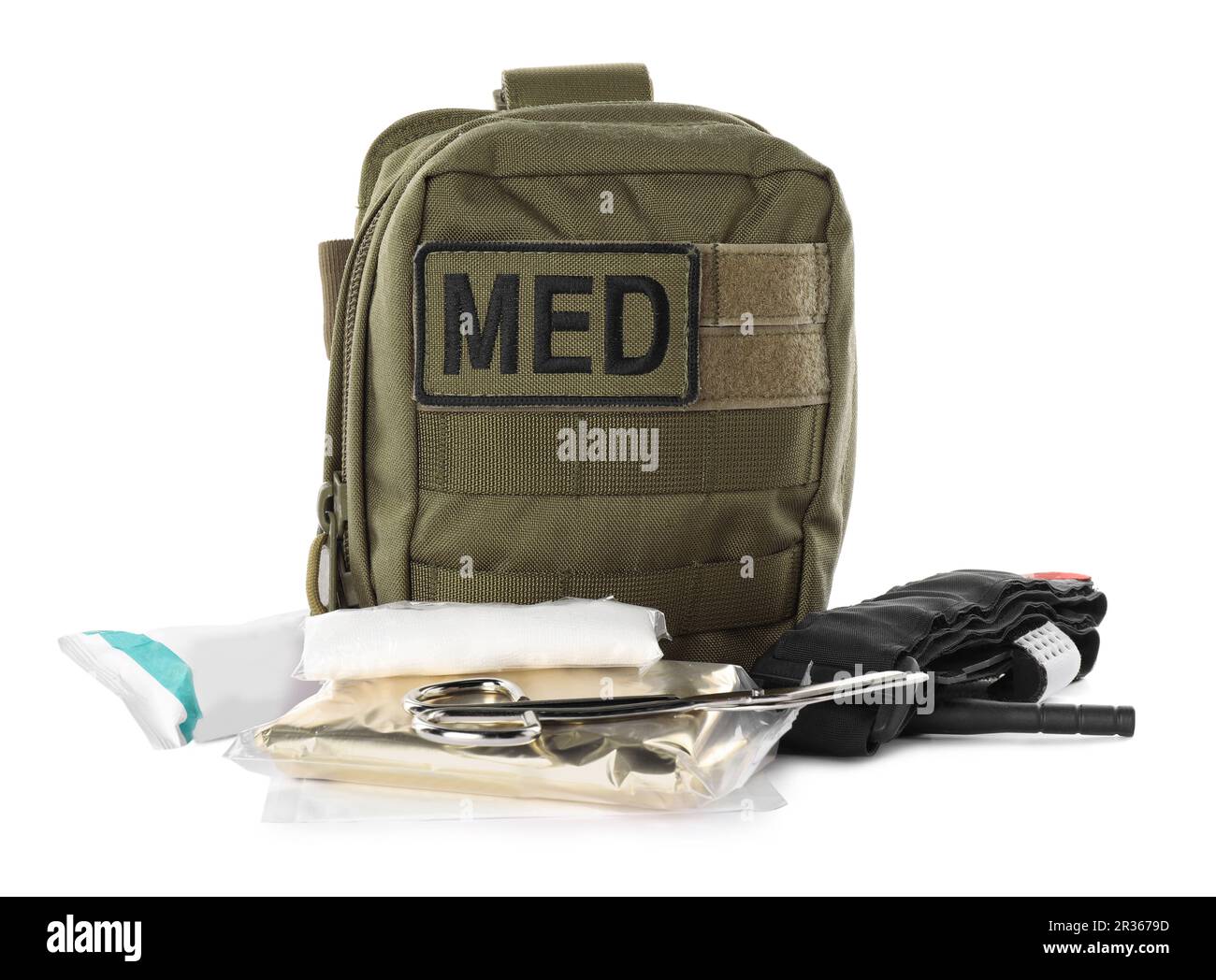 Military first aid kit with items isolated on white Stock Photo - Alamy