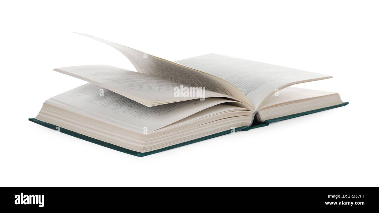Open old hardcover book isolated on white Stock Photo - Alamy