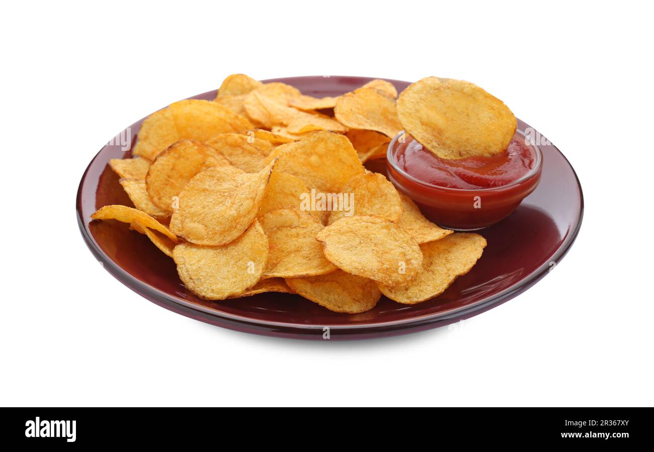 Delicious chips with ketchup isolated on white Stock Photo - Alamy