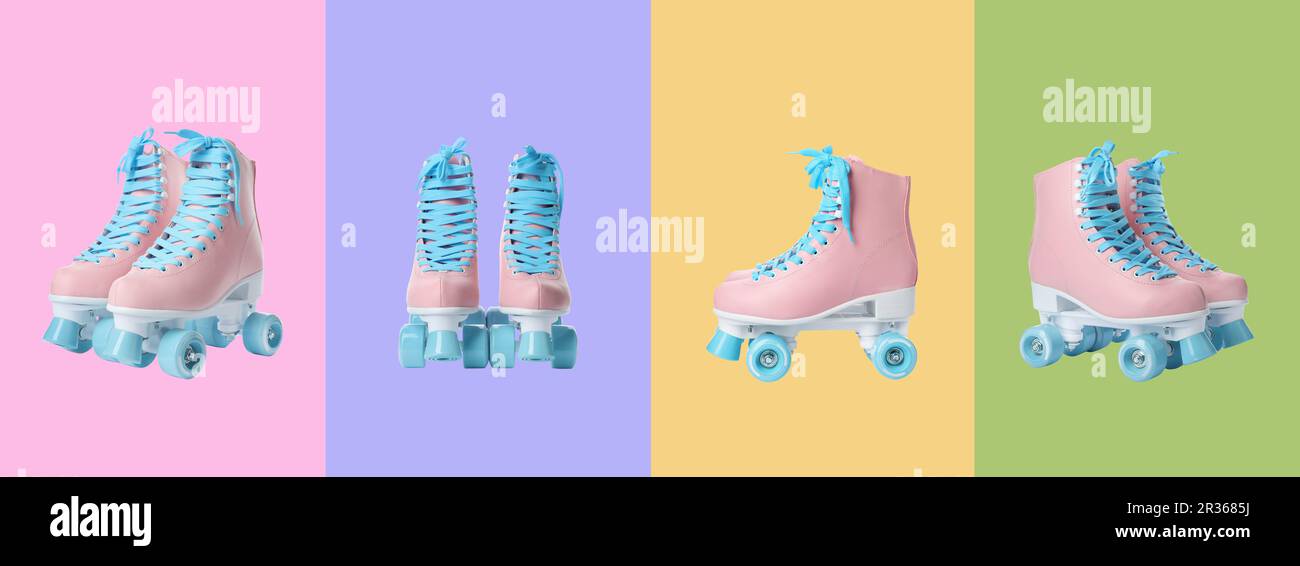 Collage with roller skates on various color backgrounds, views from ...