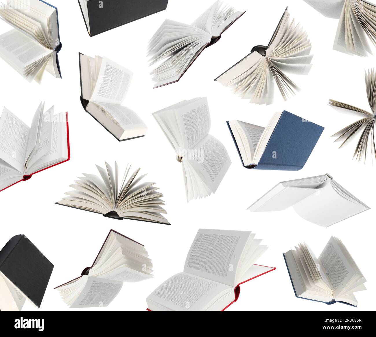 Many hardcover books falling on white background Stock Photo - Alamy