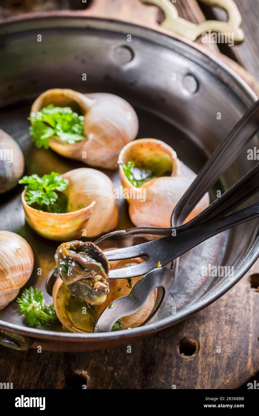 Snails with garlic butter and parsley Stock Photo - Alamy