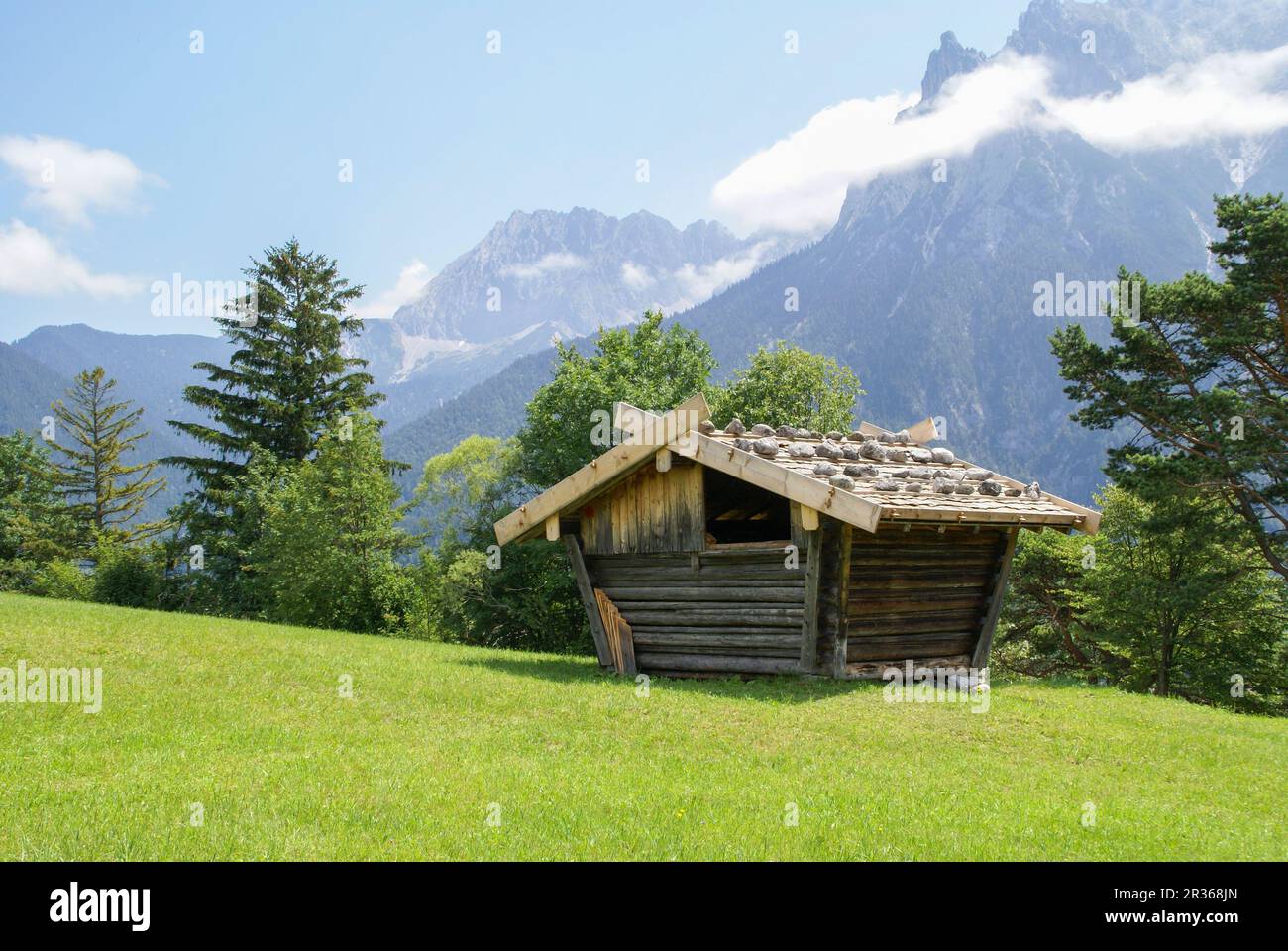 Wooden hut, Karwendel Mountains, Mittenwald, Germany, bavaria Stock ...