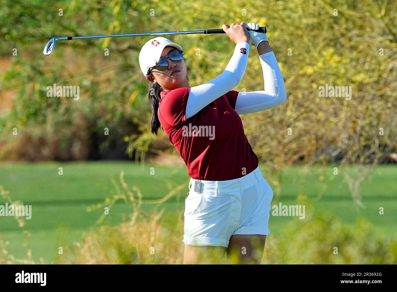 Stanford golfer Rose Zhang hits from the 16th tee during the final ...