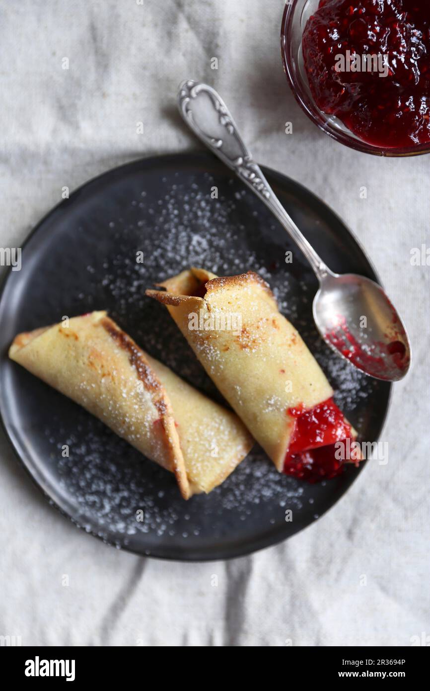 French crepes with jam Stock Photo - Alamy